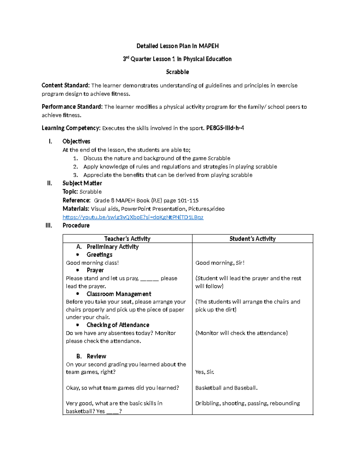Detailed Lesson Plan on Scrabble in MAPEH 8 - Q3 Lesson 1 - Studocu