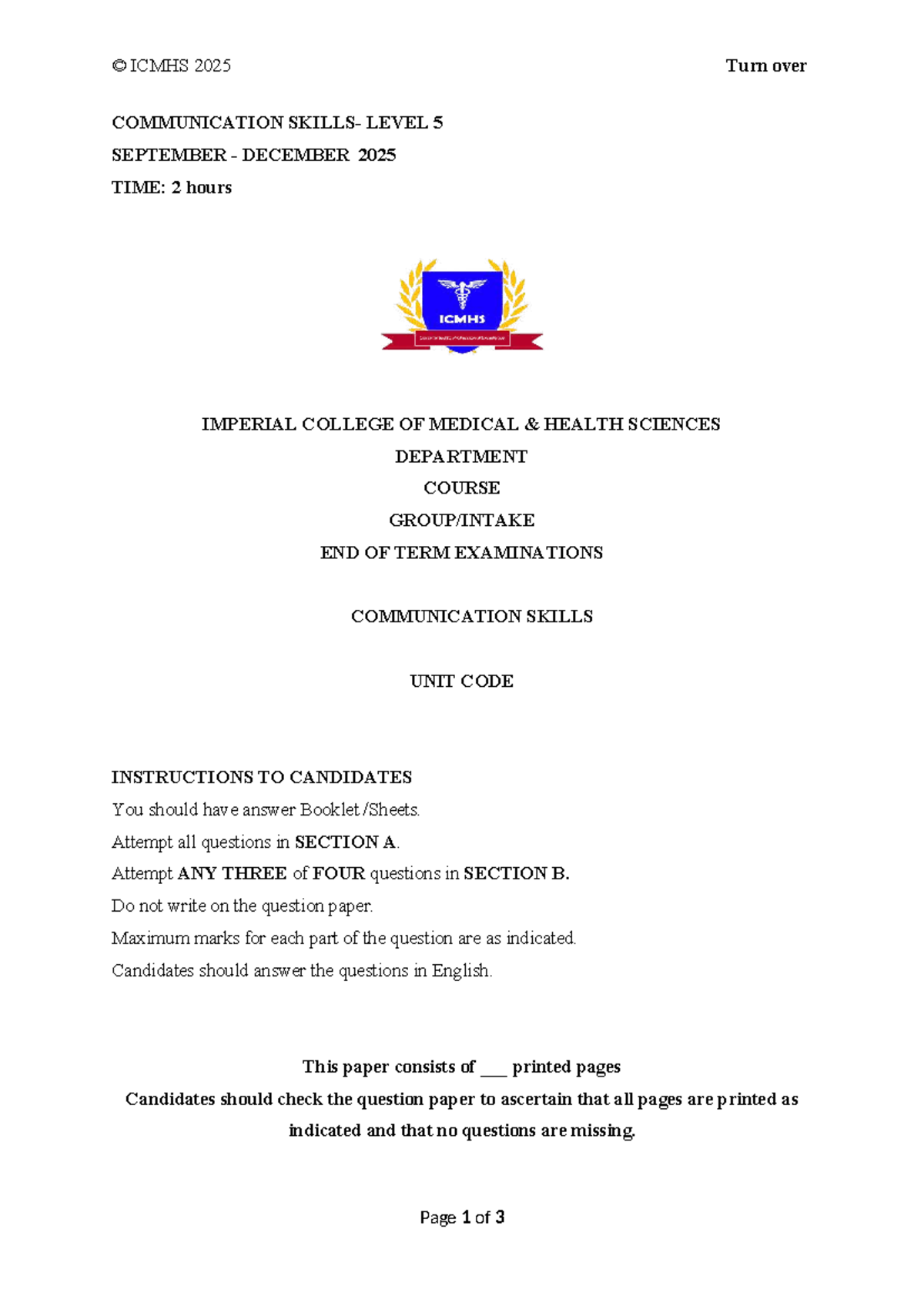 ICMHS 2025 Communication Skills Level 5 End of Term Exam - Studocu