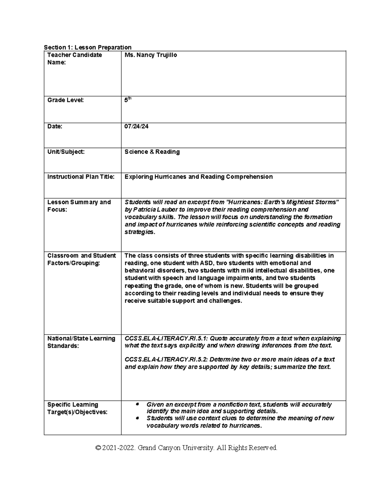 SPD 550 Cross Curricular Science & Reading Lesson Plan on Hurricanes ...