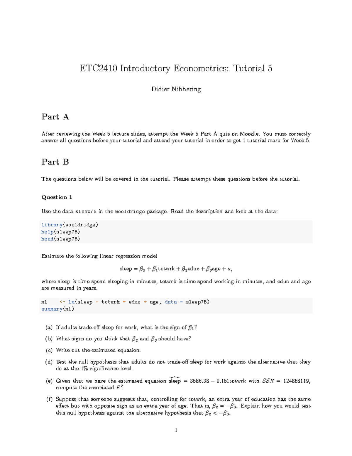 ETC2410 Tutorial 5: Questions on Econometrics Regression Analysis - Studocu