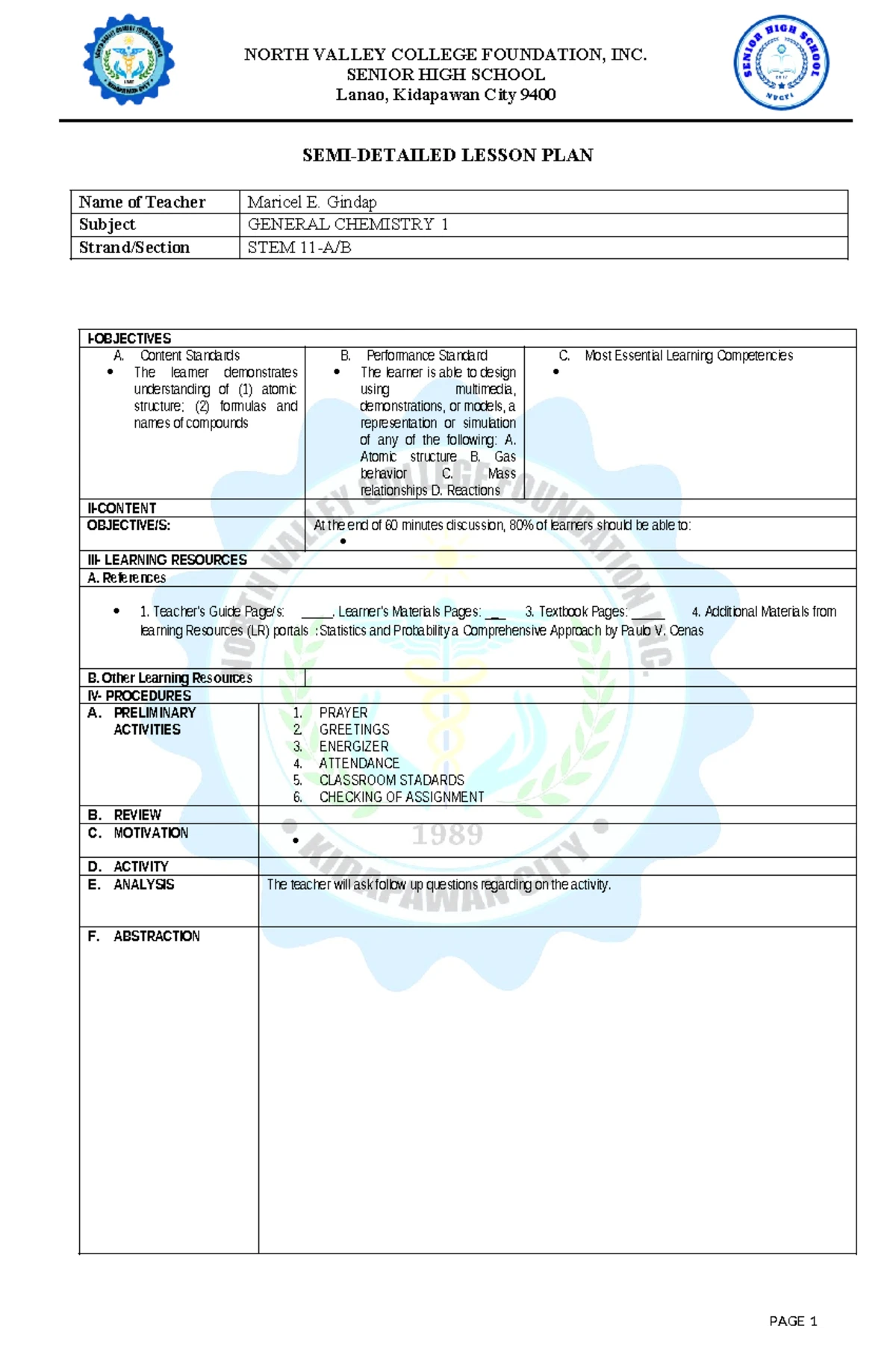 CHEM1 LP3 - General Chemistry Lesson Plan by Maricel E. Gindap - Studocu