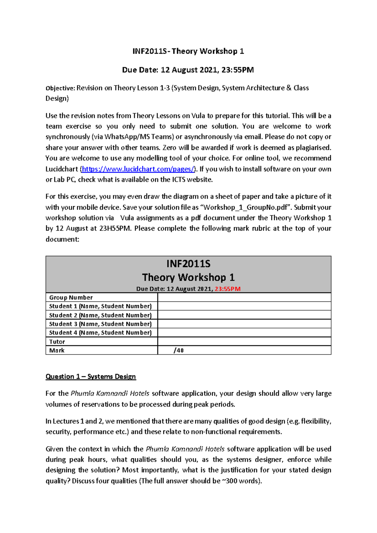 INF2011S - Theory Workshop 1: Systems Design & Class Diagrams Guide ...