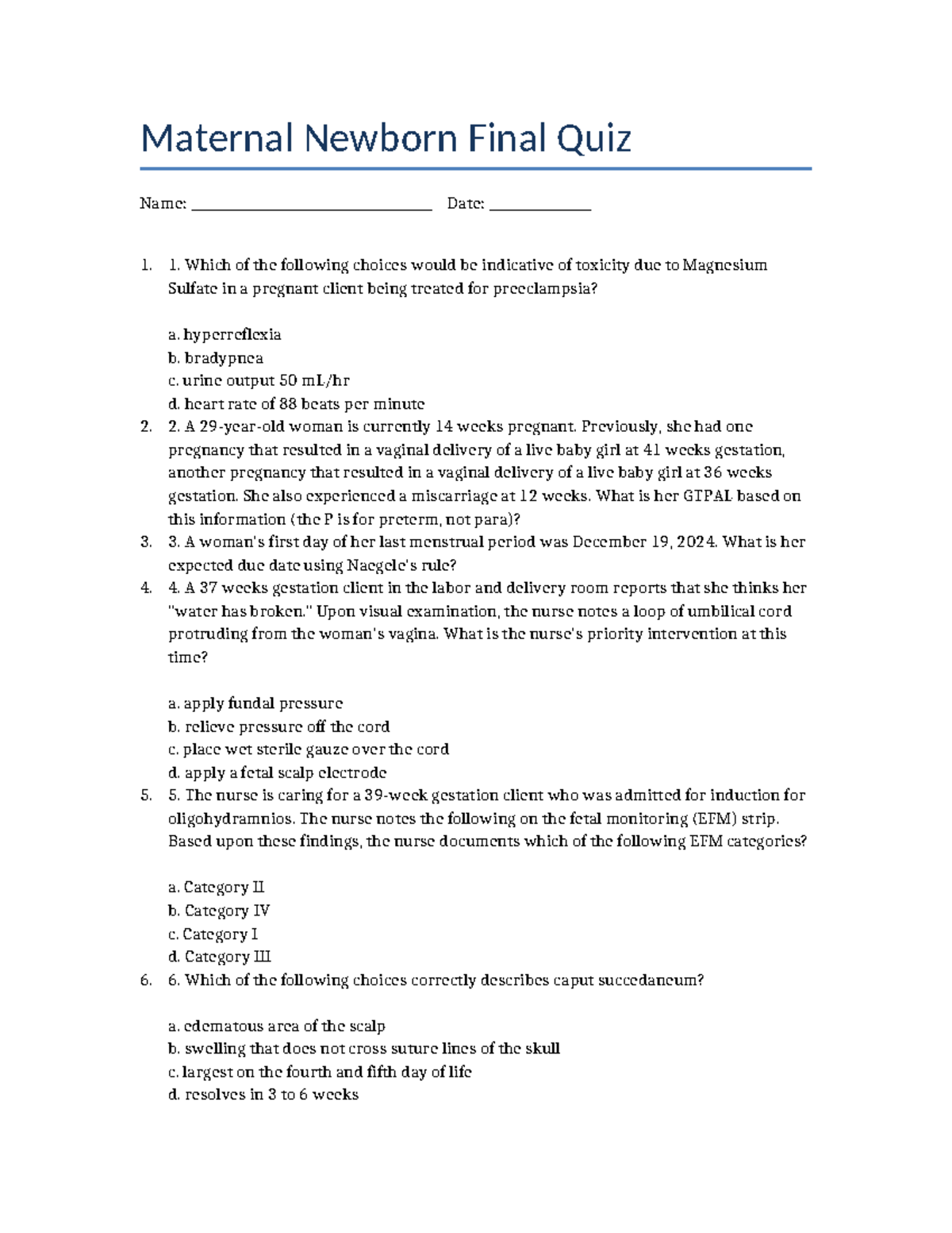 Maternal Newborn NUR 202 Final Quiz 2025: Key Concepts & Questions ...