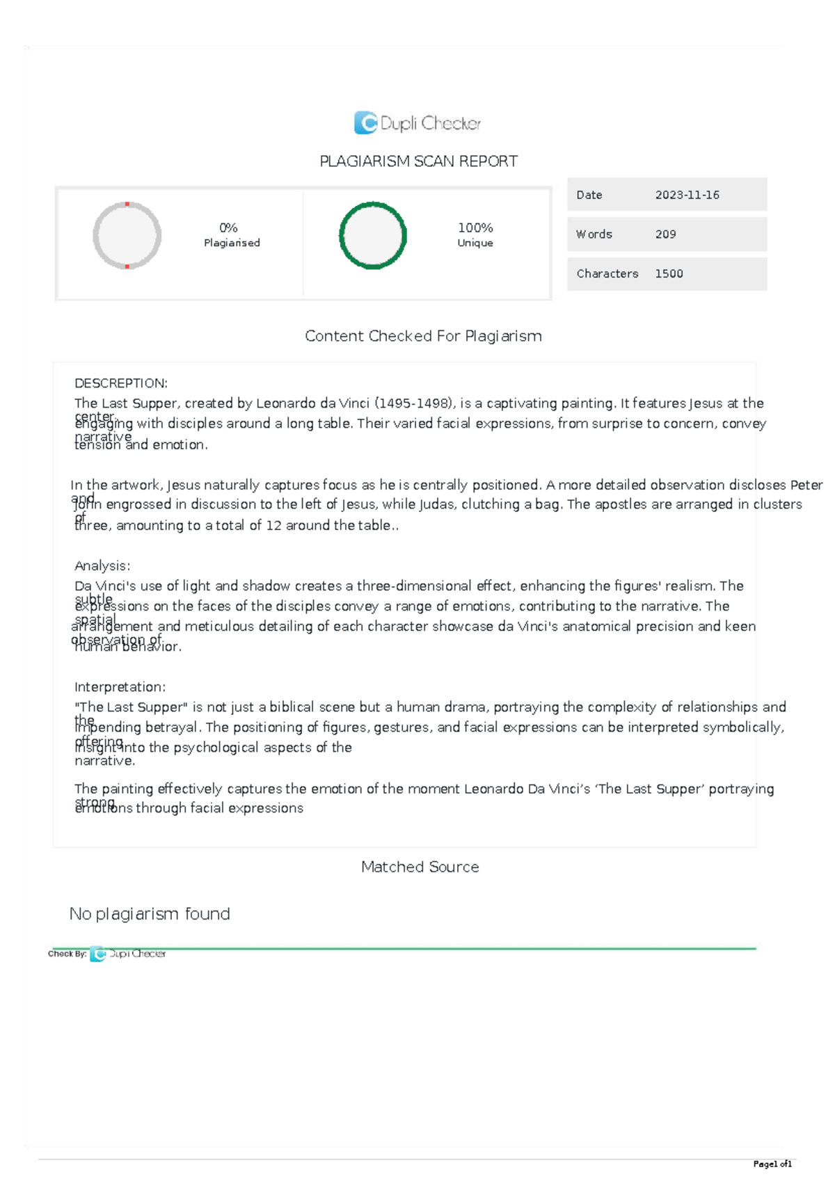 PLAGIARISM SCAN REPORT: The Last Supper Analysis & Insights - Studocu