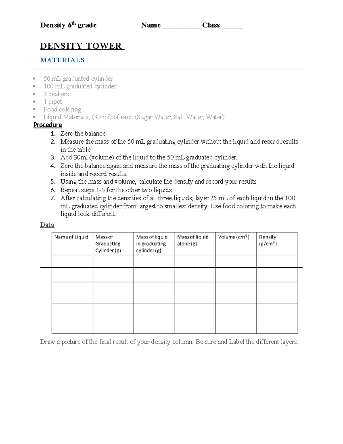 6th Grade Density Lab: Tower & Regular/Irregular Objects - Studocu
