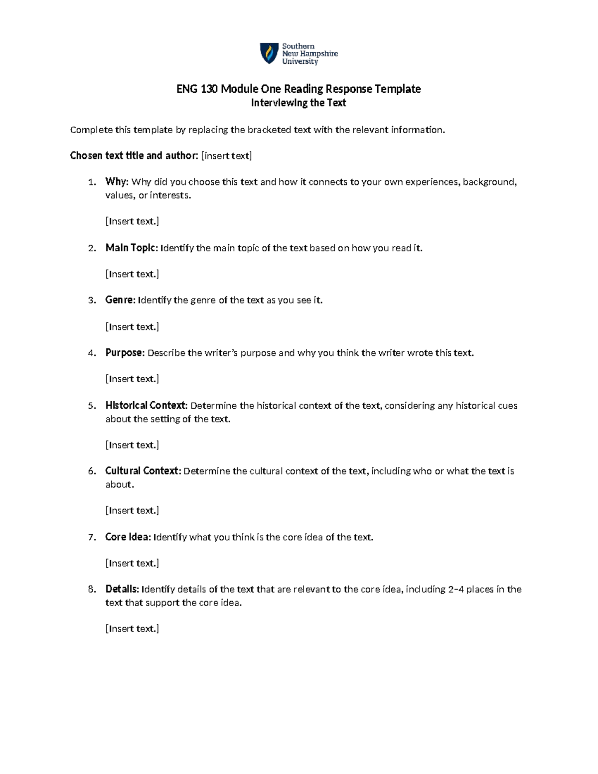 ENG 130 Module 1 Reading Response Template: Interviewing the Text - Studocu