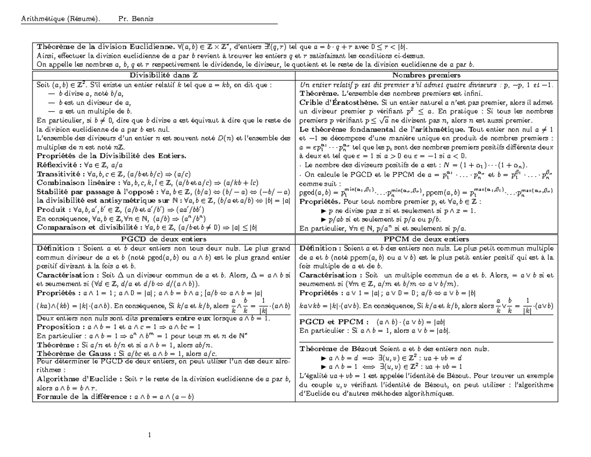 Résumé d'Arithmétique - INGENIERIE LOGICIEL S1 - Pr. Bennis 2024/2025 ...