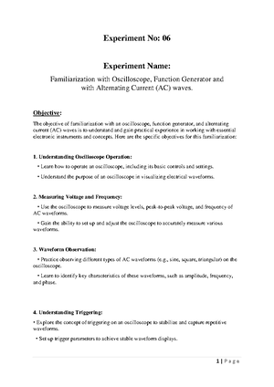 Experiment No-8-Familiarization with Oscilloscope, Function Generator and with Alternating ...