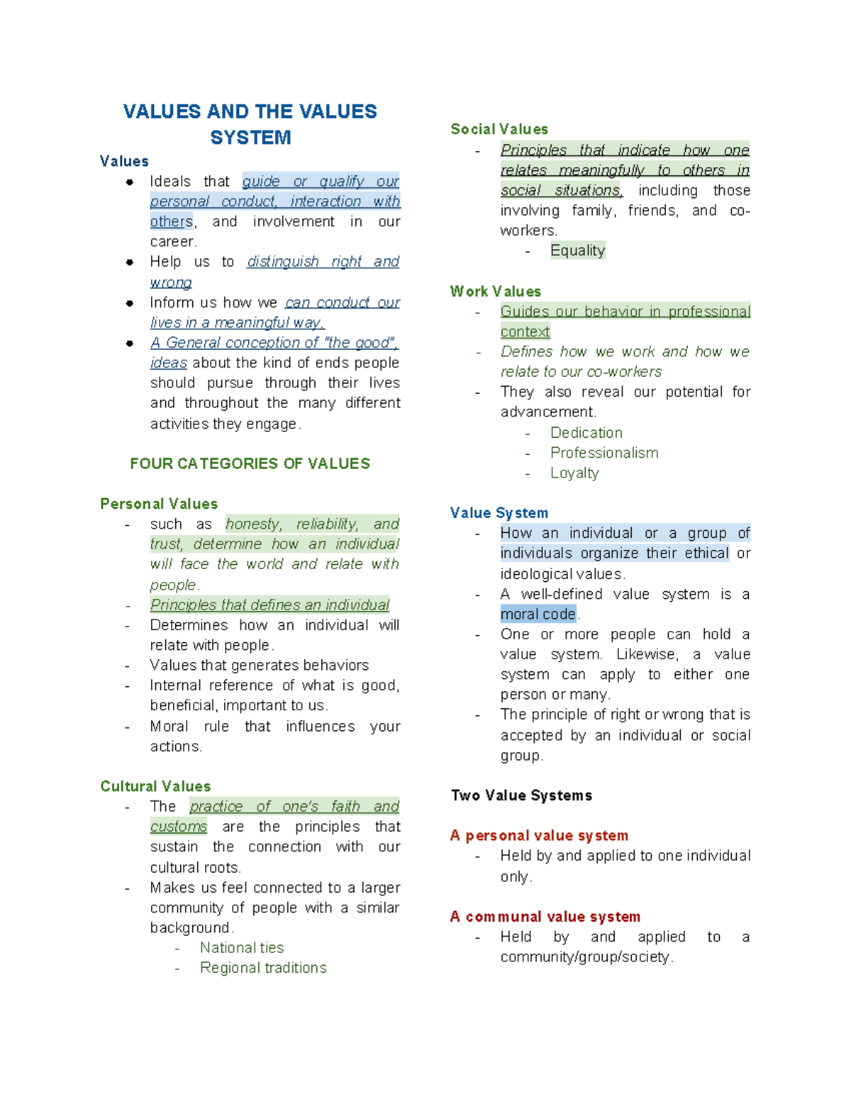 GEN SOC Quiz Reviewer: Understanding Values and Value Systems - Studocu