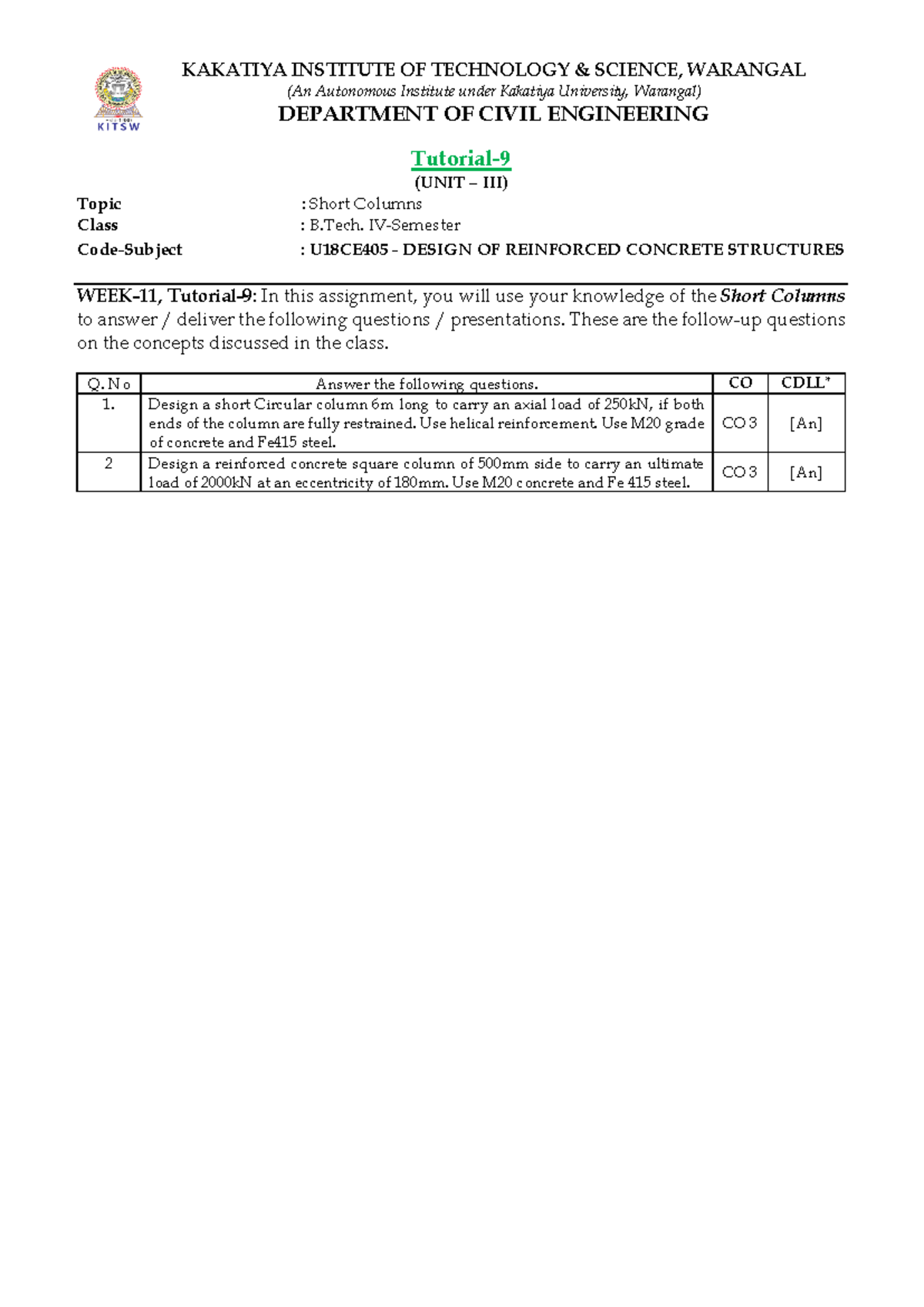 U18CE405 - DRCS Tutorial 9: Short Column Design Notes - Studocu