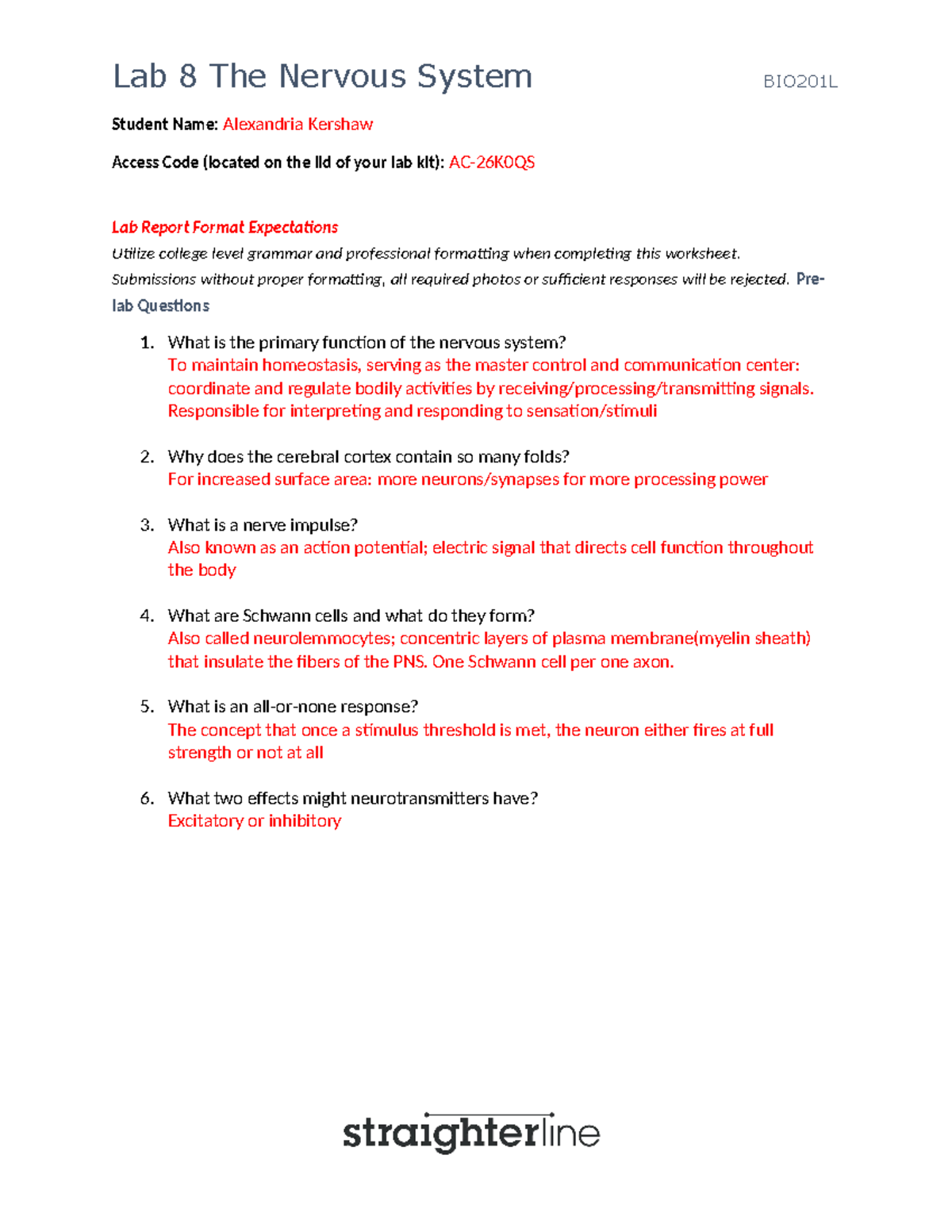 BIO201 Lab 8 - Nervous System and Dissection Report - Studocu