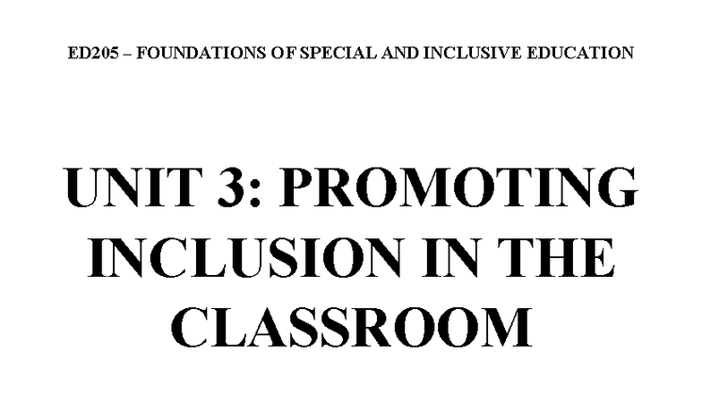 ED205 FOUNDATIONS OF SPECIAL AND INCLUSIVE EDUCATION UNIT 3: INCLUSION ...