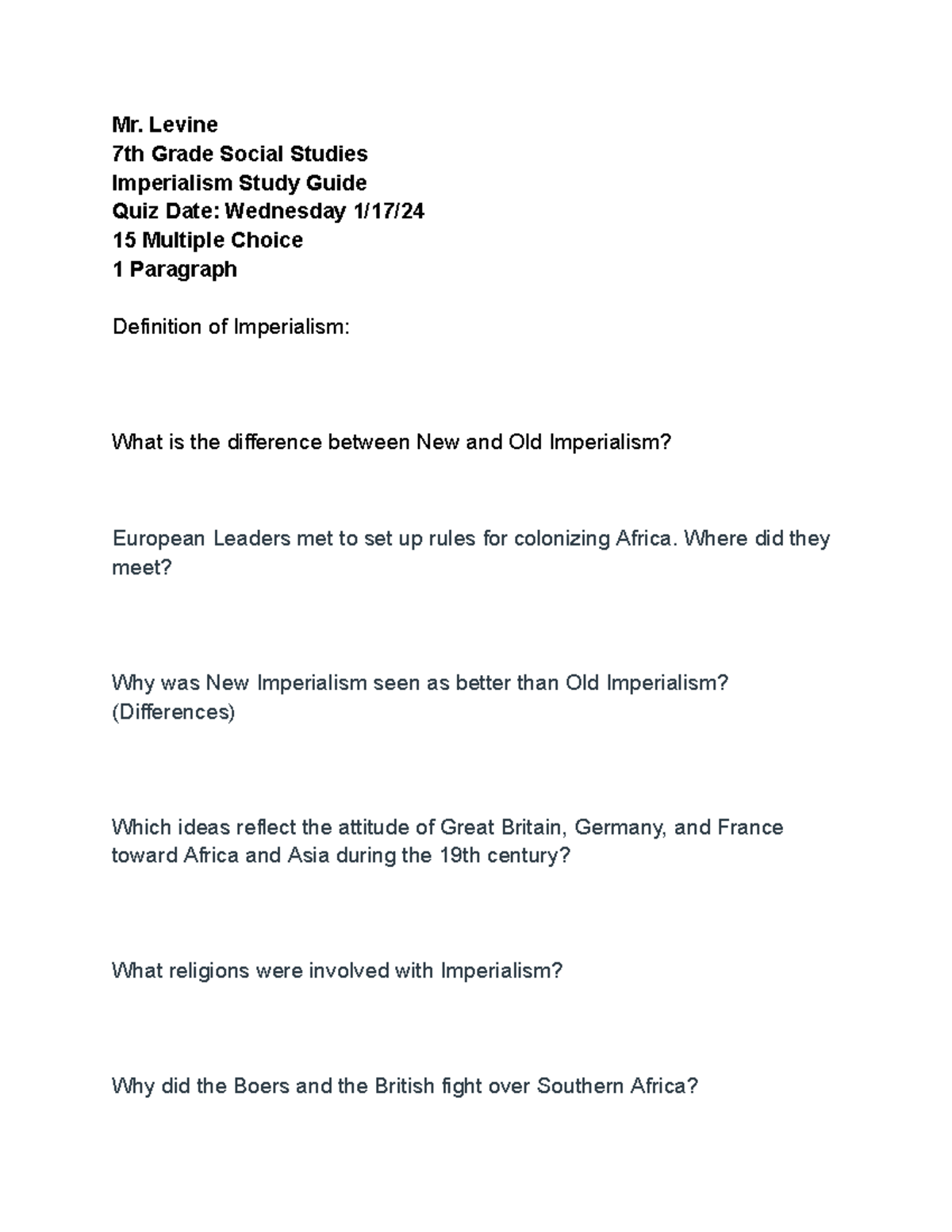 Imperialism Study Guide - Mr. Levine 7th Grade Social Studies ...
