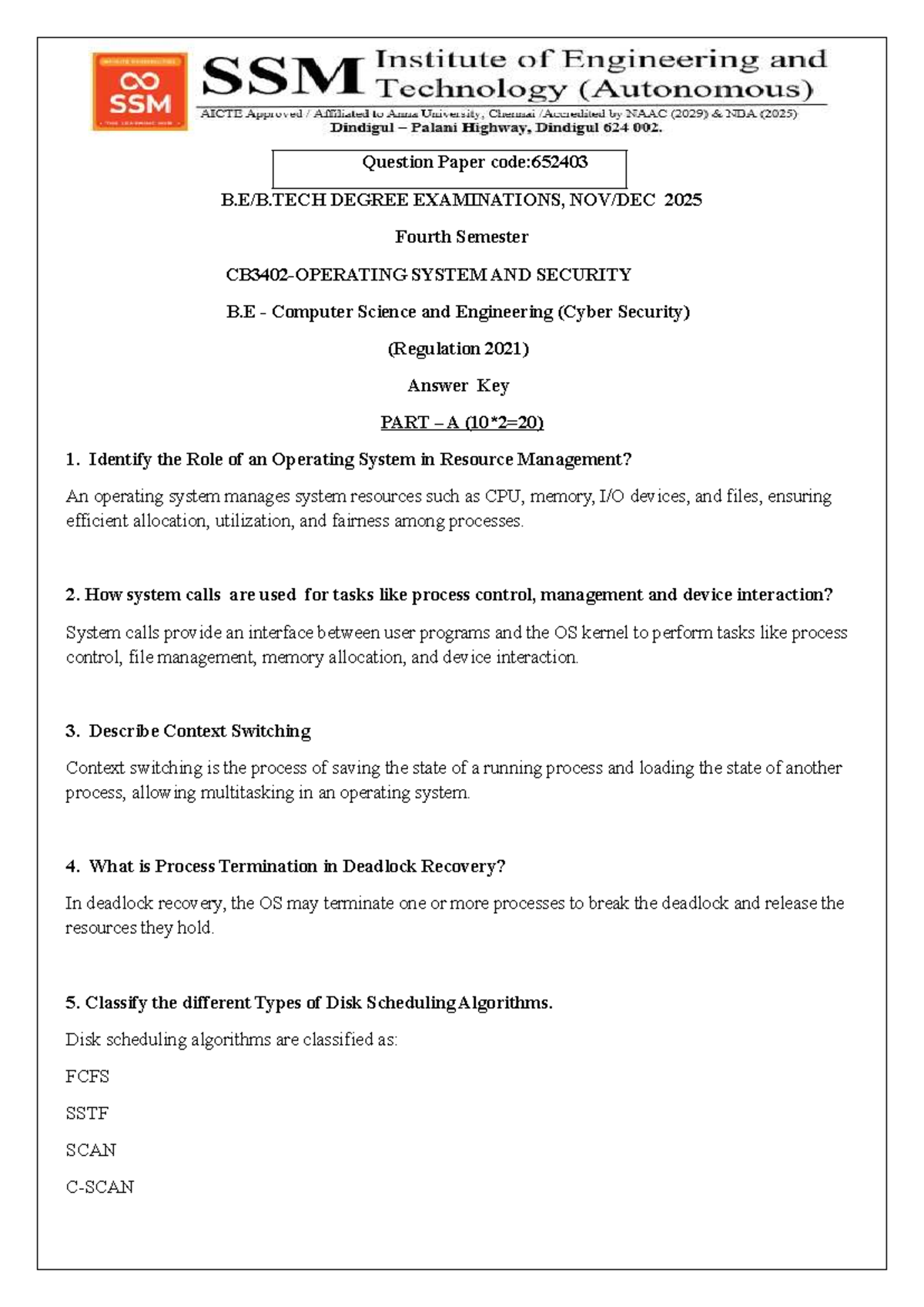 Answer Key for Question Paper 652403: System and Security Exam 2025 ...