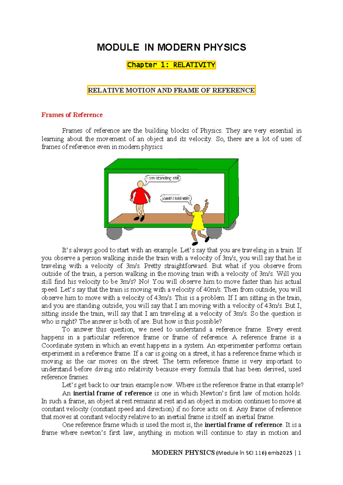 MODERN PHYSICS (SCI 116) Chapter 1: Relativity and Reference Frames ...