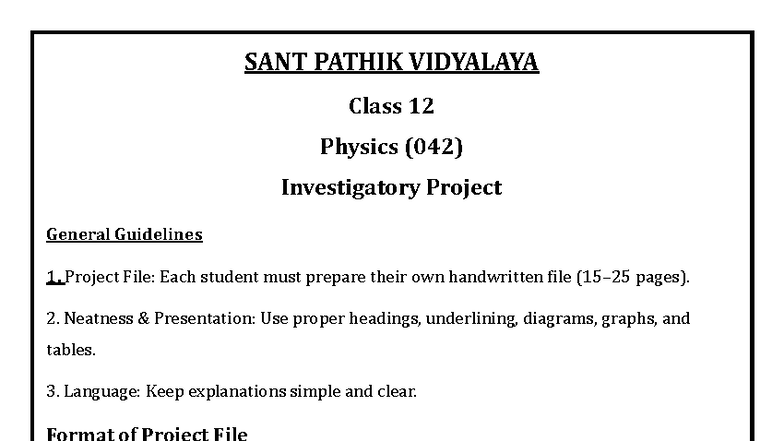 Class 12 Physics (042) Investigatory Project Guidelines and Ideas - Studocu