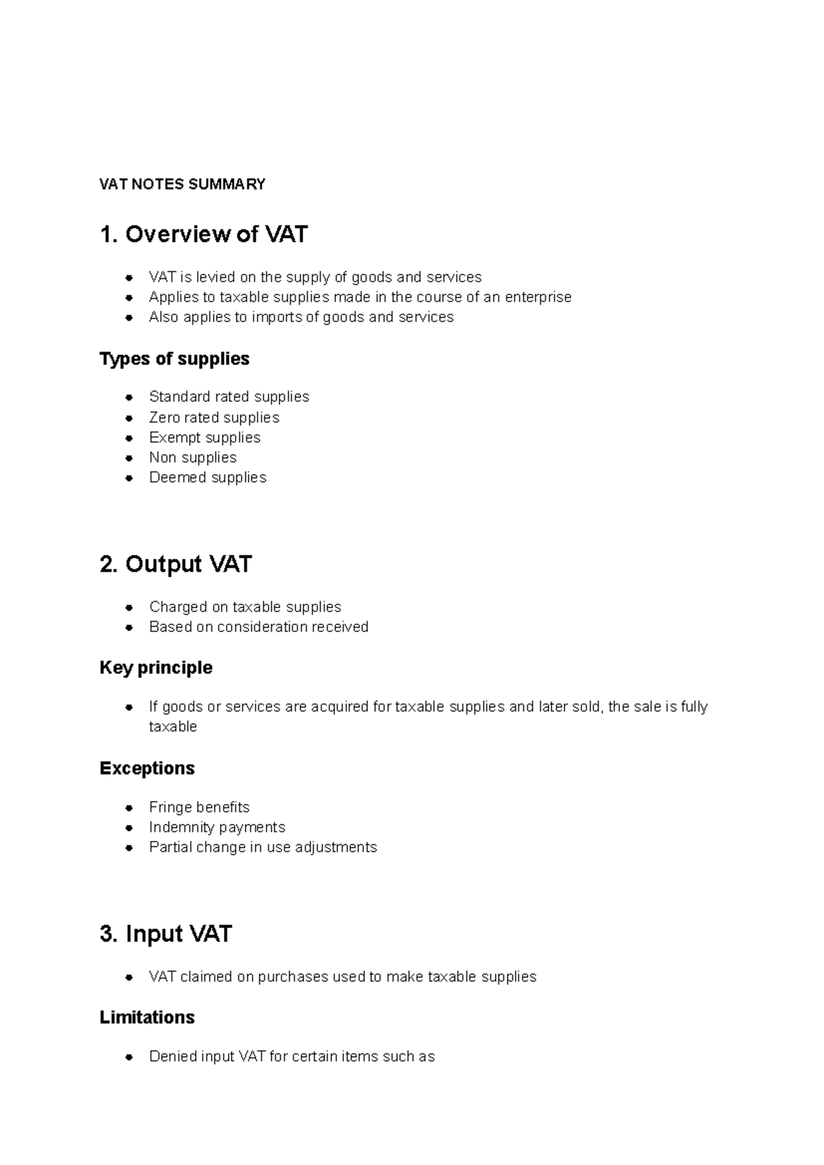 VAT NOTES SUMMARY: Key Concepts and Principles - Studocu