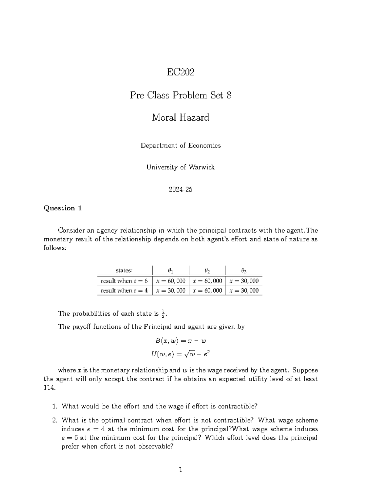 EC202 Pre-Class Problem Set 8: Moral Hazard Analysis - Studocu