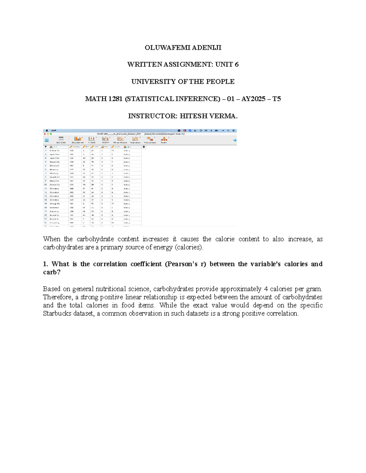 Math 1281 Unit 6 Assignment: Correlation of Calories & Carbs - Studocu