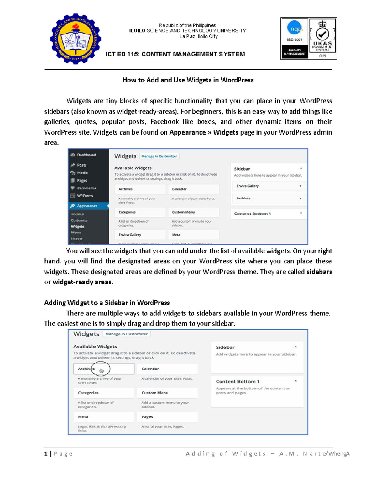 ICT ED 115: WordPress Widget Management Guide - Studocu