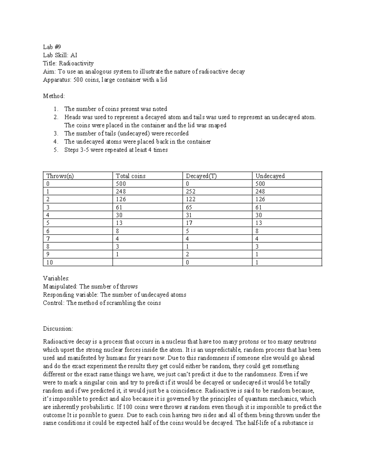 Radioactivity Lab Report: Understanding Decay through Coin Experiment - Studocu