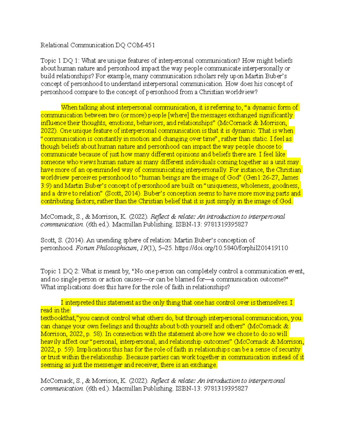 DQs COM451 - Interpersonal Communication Topics 1 & 2 Overview - Studocu