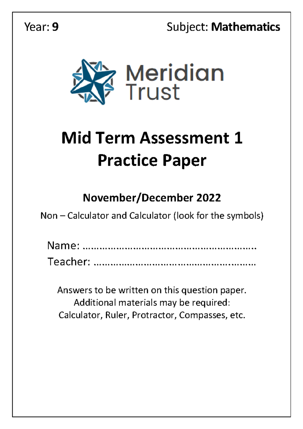 Year 9 Mathematics Mid Term 1 Practice Paper 1 (Nov/Dec 2022) - Studocu
