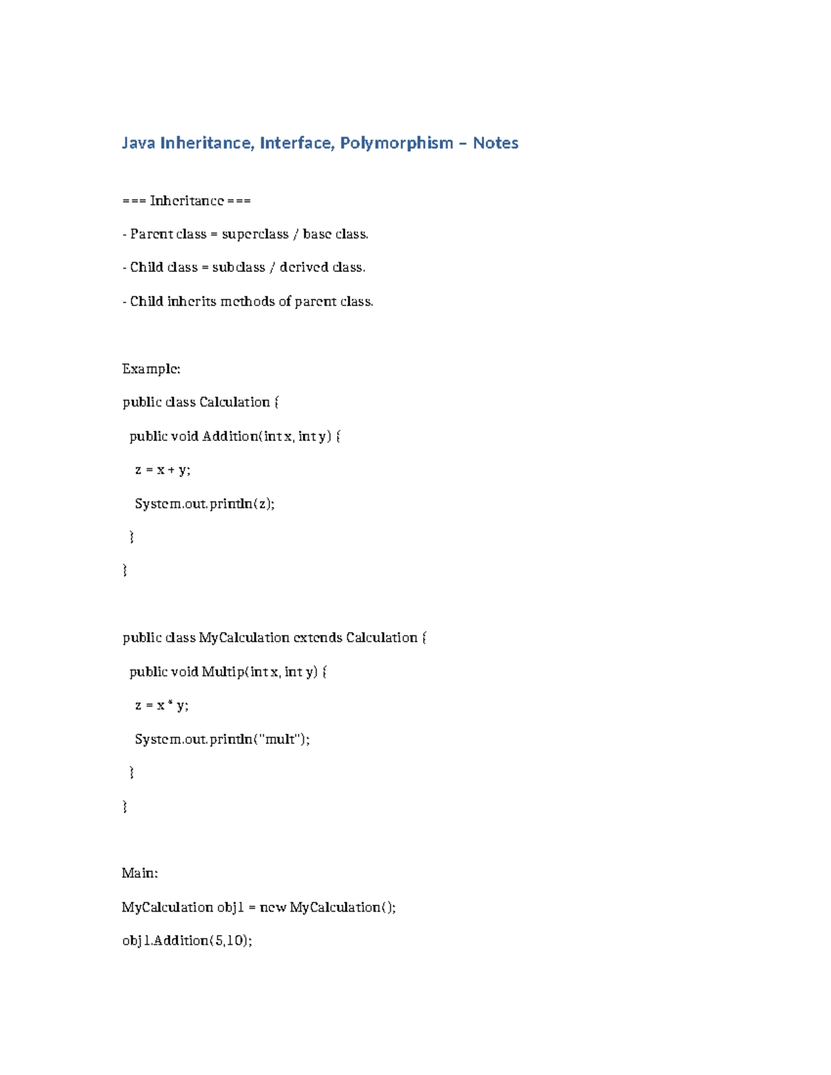 Java Notes - Inheritance, Interface & Polymorphism Concepts - Studocu