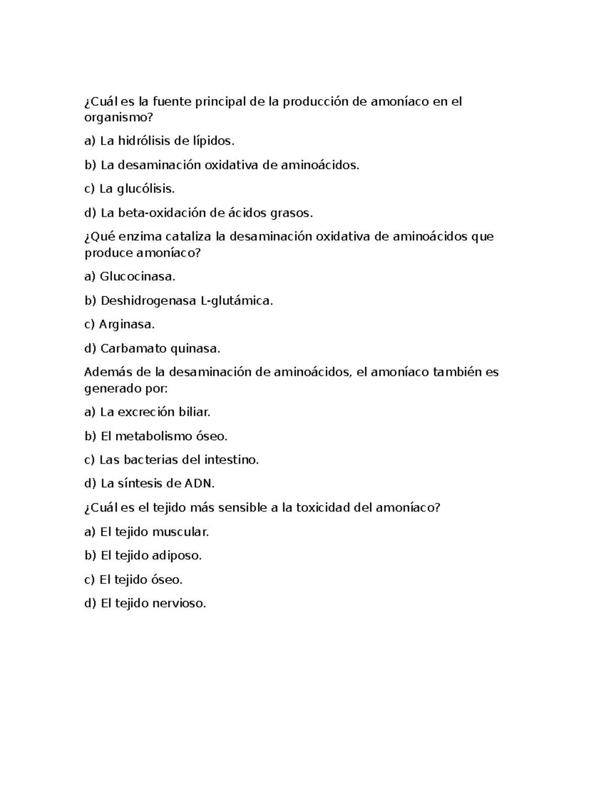 Preguntas Test: Mecanismos de Eliminación del Amoníaco en el Organismo ...