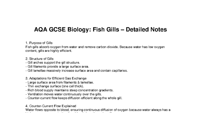 AQA GCSE Biology: Detailed Notes on Fish Gills and Gas Exchange - Studocu