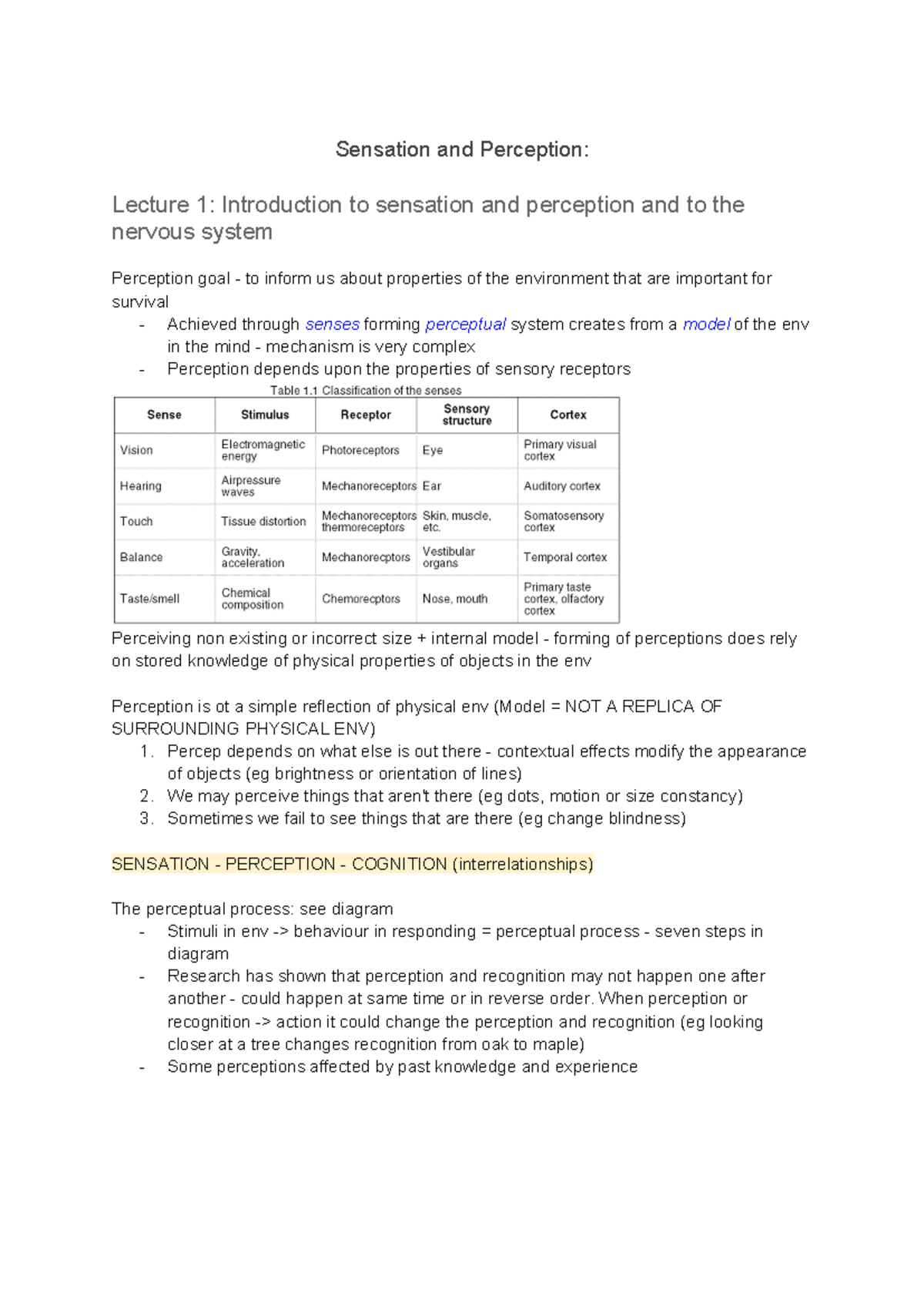 Lecture Notes on Sensation and Perception (PSY 101) - Studocu
