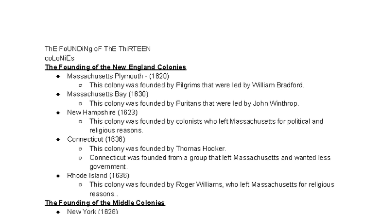 Founding of the 13 Colonies: Key Details and Founders - Studocu