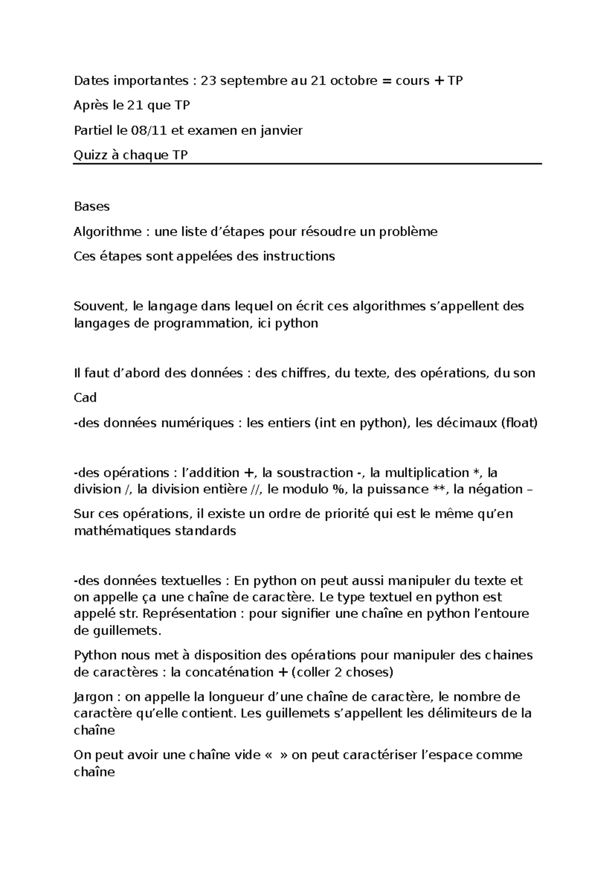1 Informatique - Cours de Bases: Algorithmes et Python - Studocu
