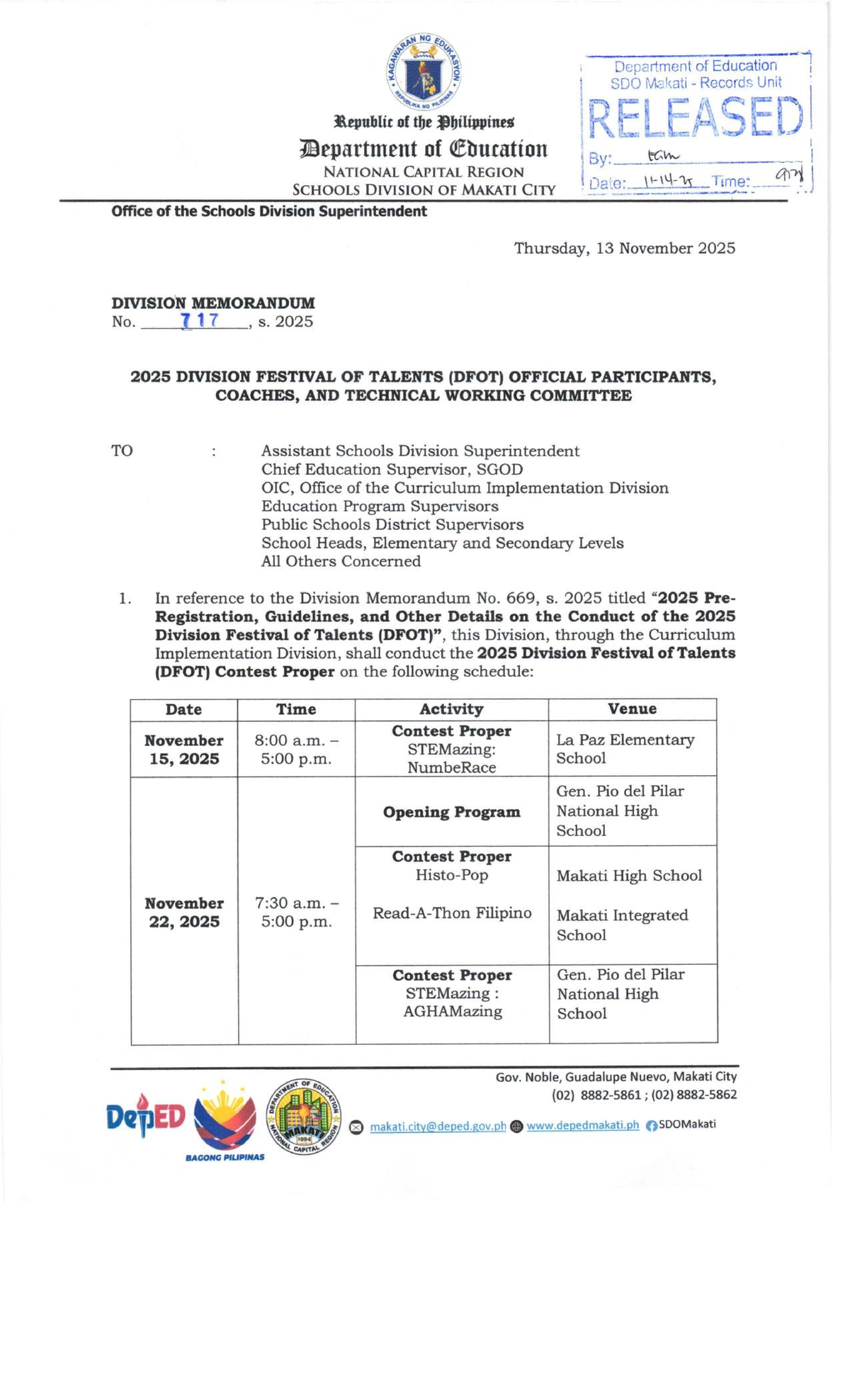 DM 717 2025 Division Festival of Talents (DFOT) Official Participants ...