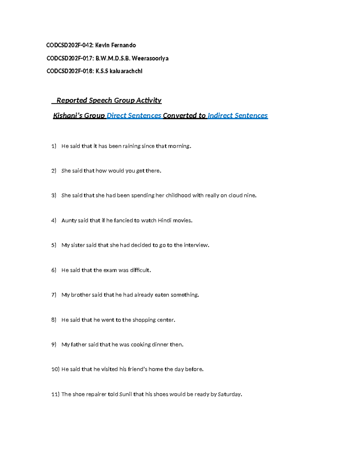 K.S.S. Reported Speech Group Activity: Indirect Sentences Conversion ...