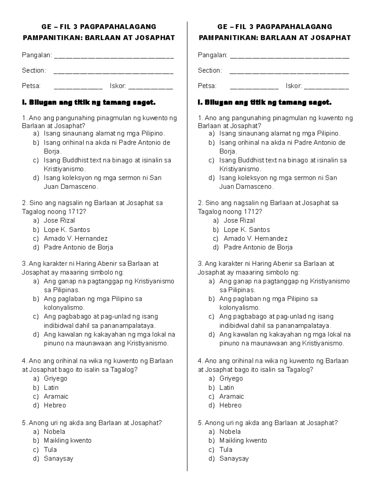 Group 3 Barlaan at Josaphat Test Questions - GE – FIL 3 PAGPAPAHALAGANG ...