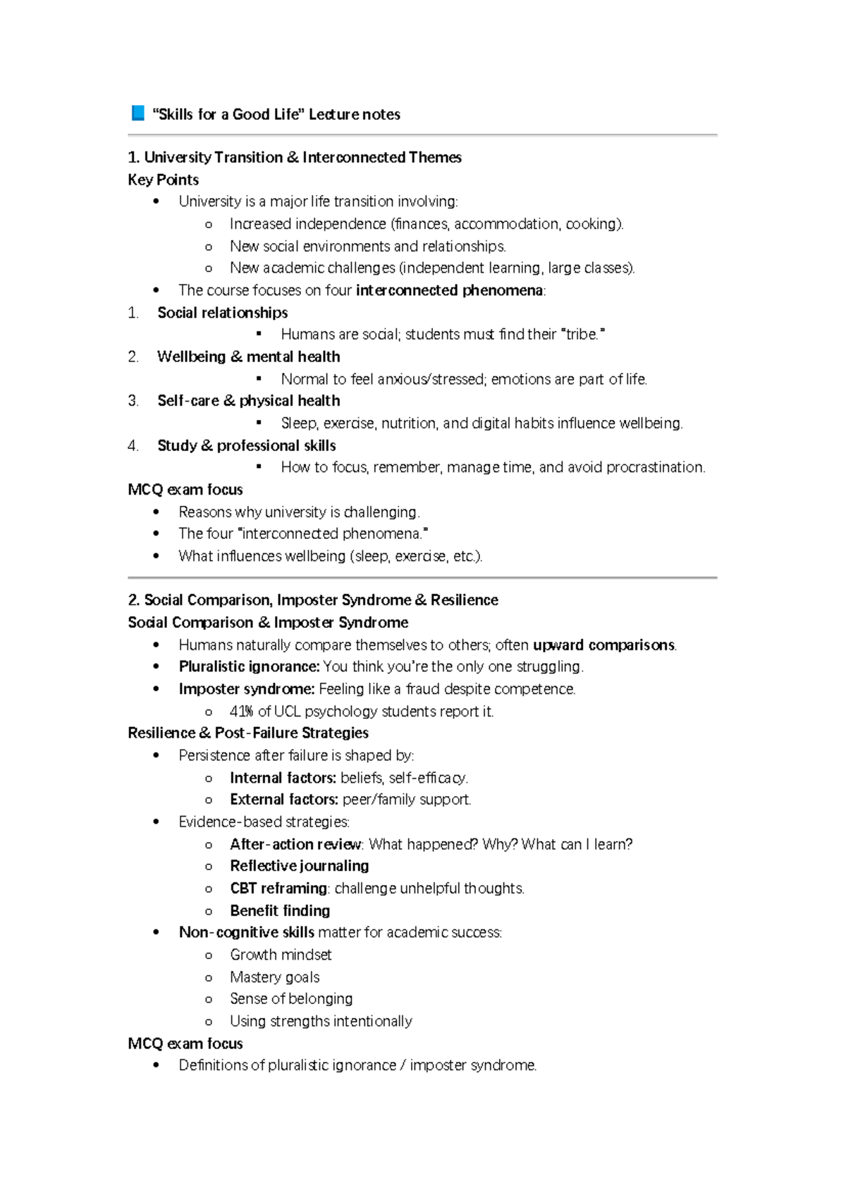 Skills for a Good Life Lecture Notes (Course Code: UCL) - Studocu