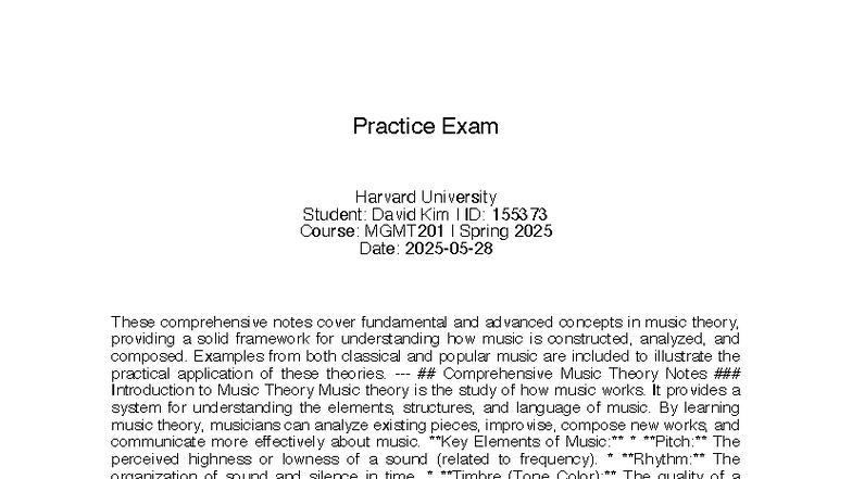 MGMT201 Spring 2025 Practice Exam Notes on Music Theory - Studocu