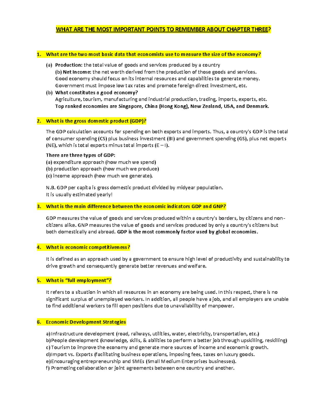 Summary of Key Points in Chapter 3: Economic Indicators and Strategies ...