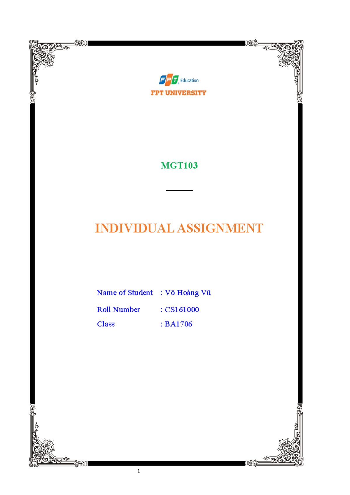 Indi MGT - so good - MGT ____ INDIVIDUAL ASSIGNMENT Name of Student ...