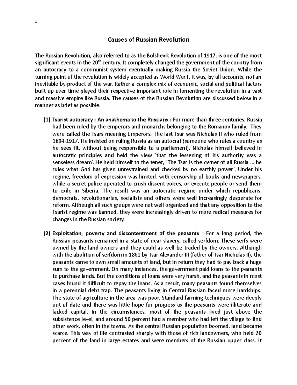 Causes of the Russian Revolution: Insights and Analysis - Studocu
