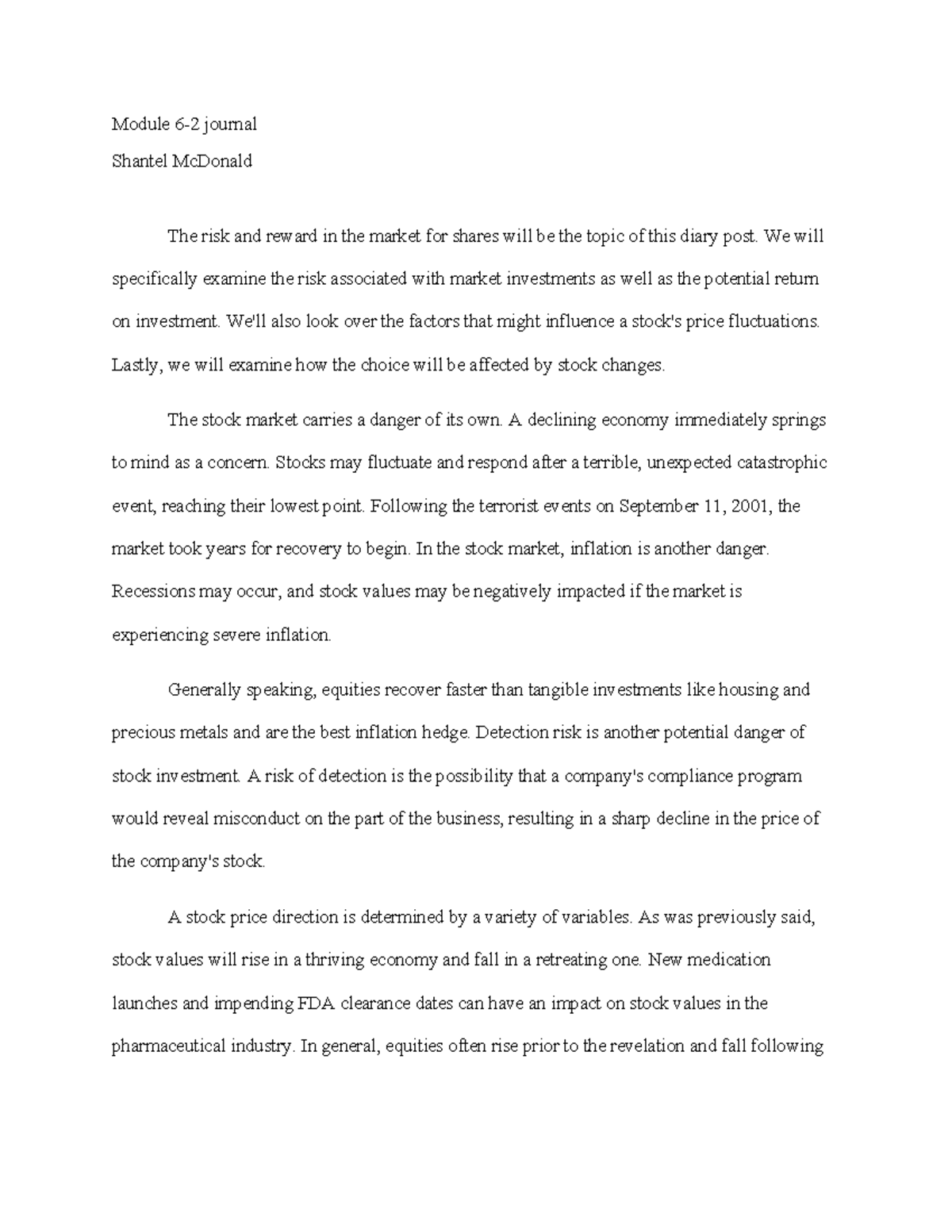 Module 6 Journal: Risks and Rewards in Stock Market Investments - Studocu