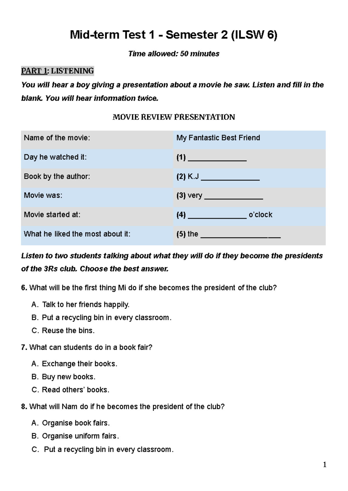 Mid-term Test 1 (ILSW 6): Listening & Grammar Review - Studocu