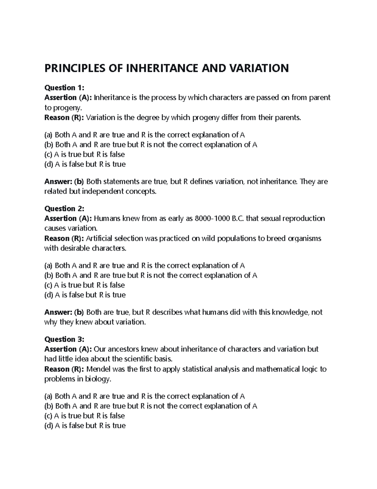 Genetics Questions - Principles of Inheritance and Variation (BIO101 ...