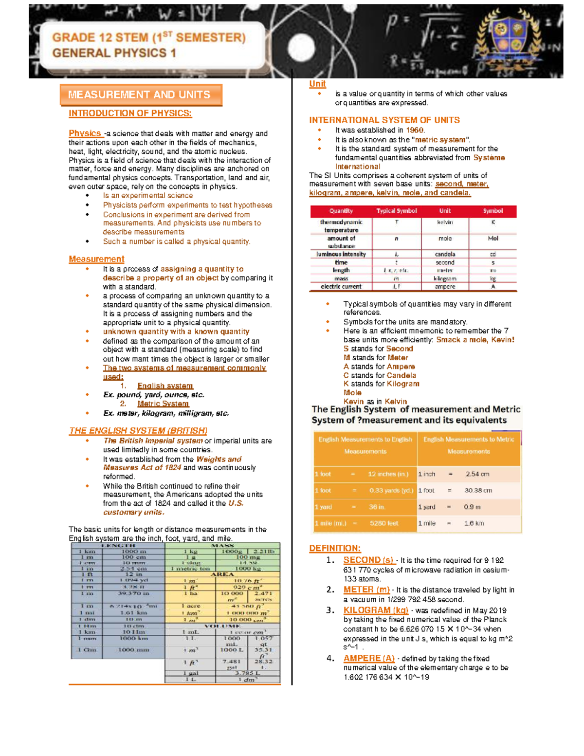 Genphy 1: Measurement and Units in Physics - A Comprehensive Overview - Studocu