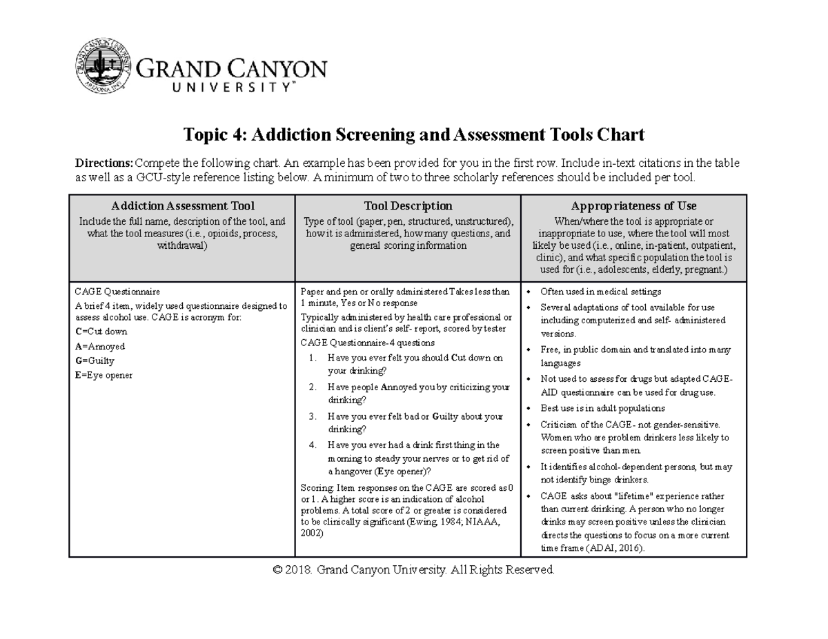 Addiction Screening and Assessment Tools Chart - Studocu