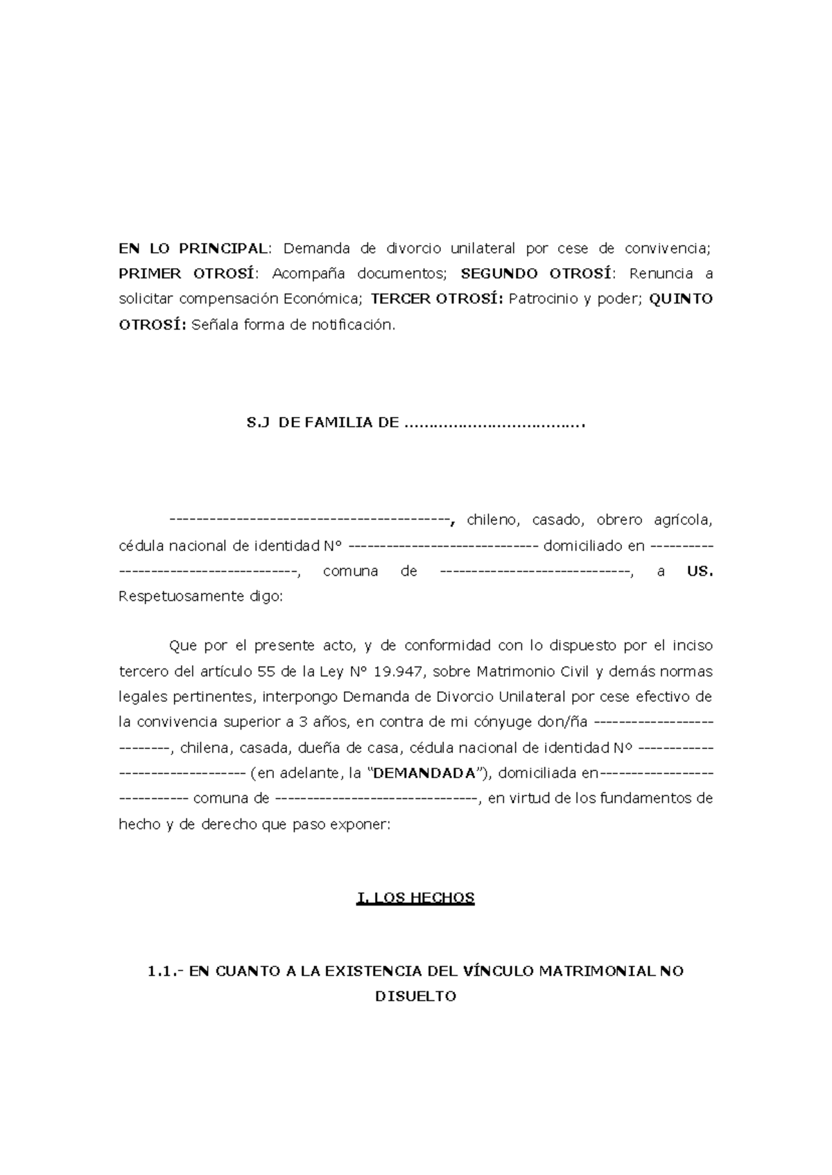 Demanda de Divorcio Unilateral según Ley N° 19.947 - Modelo Legal - Studocu