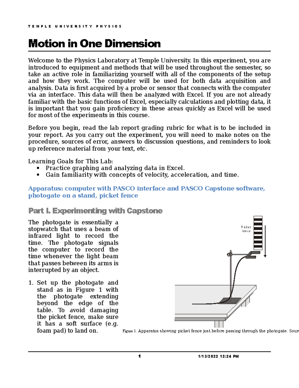 Physics Lab: Motion in One Dimension (PHYS 101) - Experiment with Picket Fence - Studocu