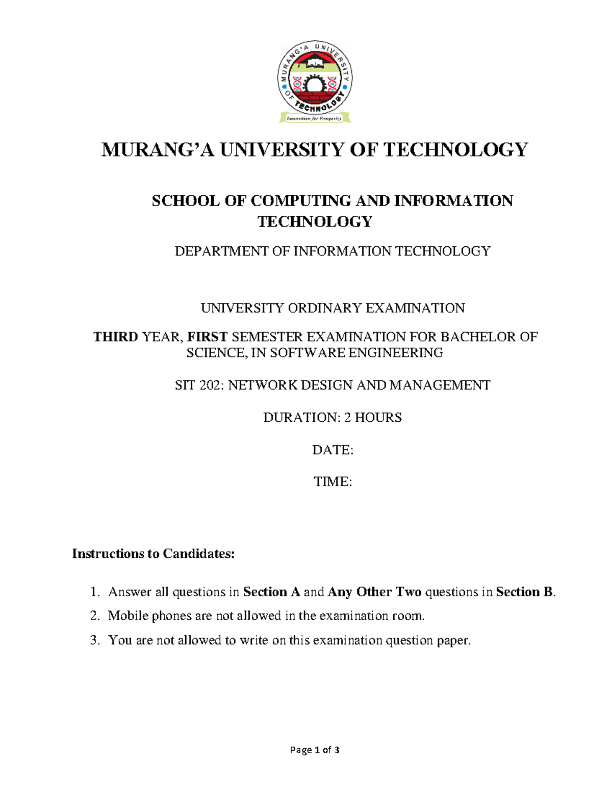 SIT 202 Network Design AND Management - Page 1 of 3 MURANG’A UNIVERSITY ...