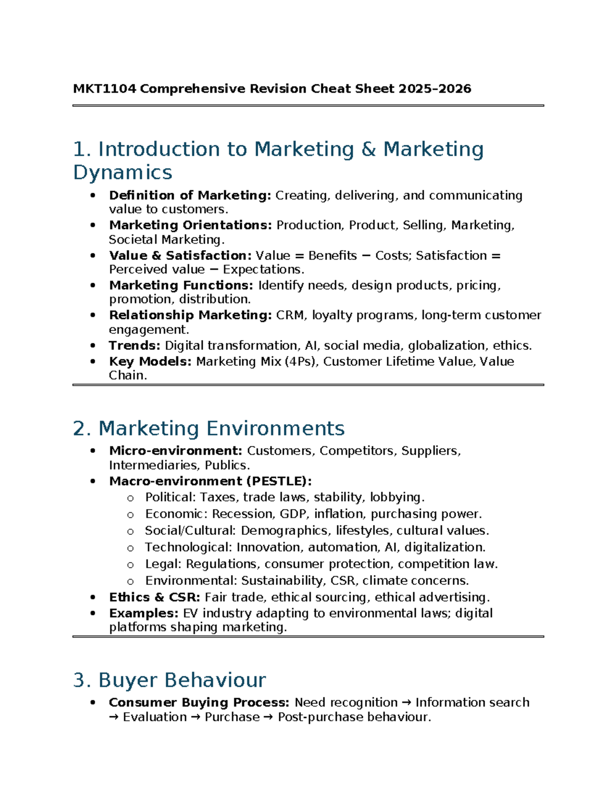 MKT1104 Comprehensive Revision Cheat Sheet: Marketing Essentials - Studocu